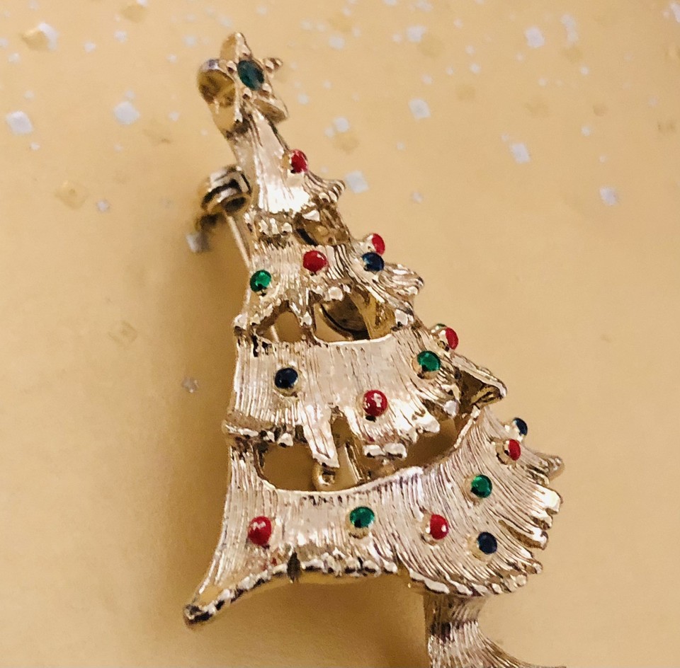 Vintage Brooch Christmas Tree, Gold Tone, Enamel, Rhinestone Star ...