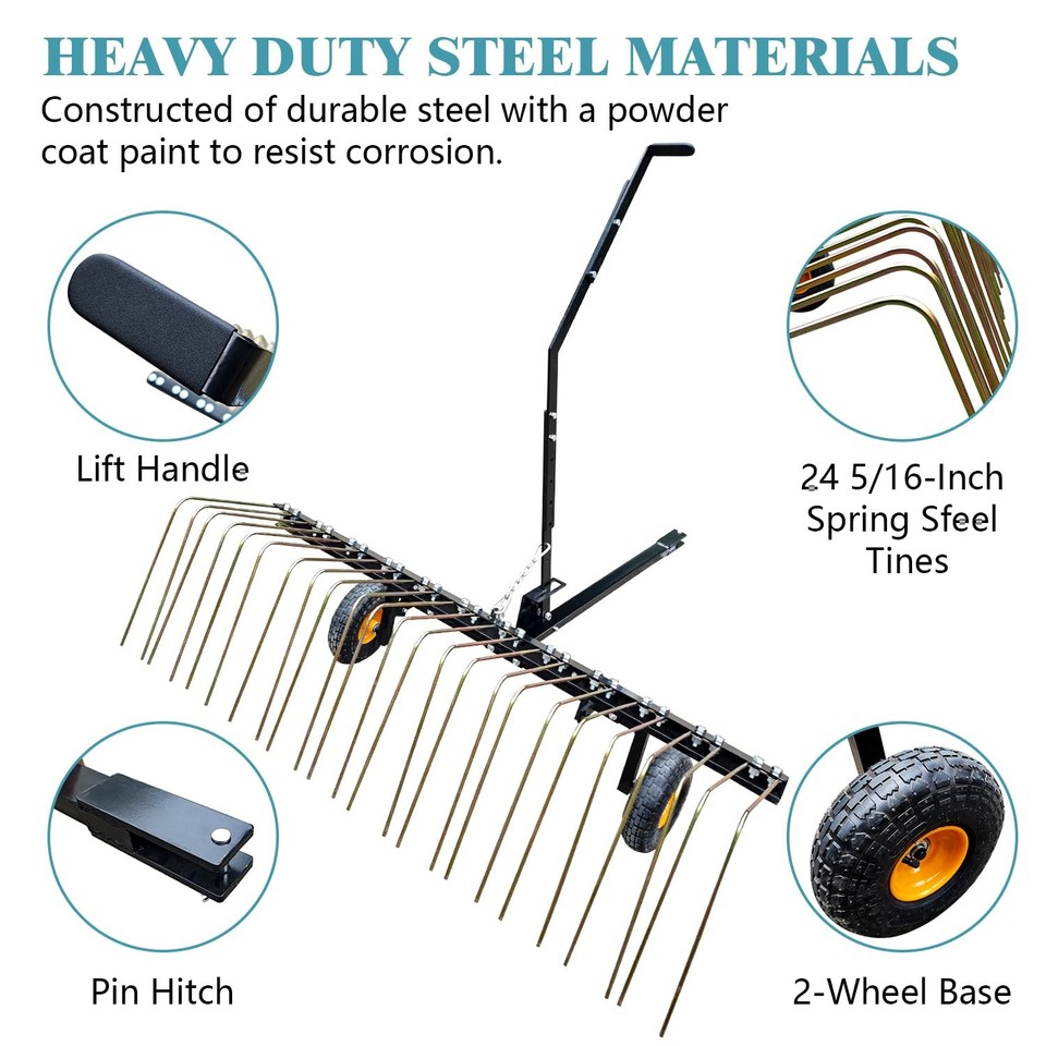 Lawn Tractor Rake 60 inch Dethatcher Tow Behind Rake for ATV Pine Straw ...