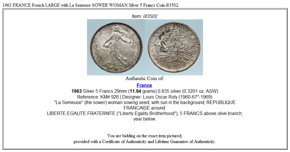 1963 FRANCE French LARGE with La Semeuse SOWER WOMAN Silver 5 Francs ...