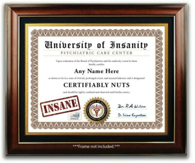 Insane University Personalized Certificate Diploma FUNNY Crazy Novelty ...