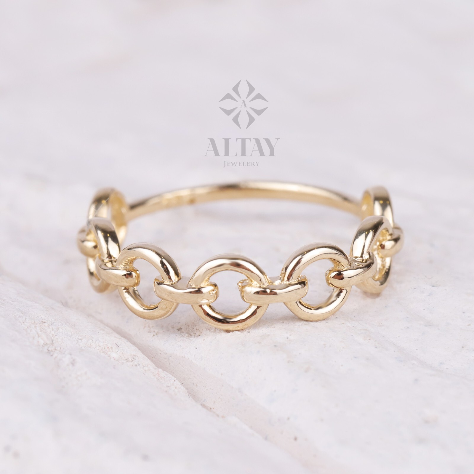 14K Gold Chain Ring, Chain Round Link Ring, Belt Chain Rolo Ring Bold ...