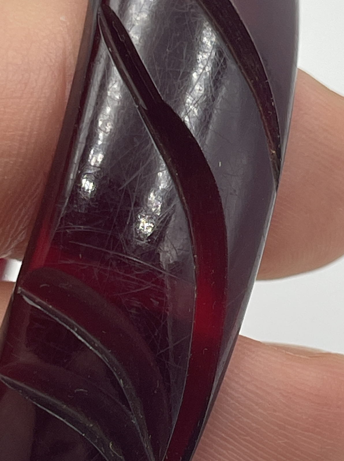 Antique Bakelite Translucent Dark Red Color Carved Ba… - Gem