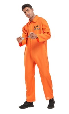 Adults Jail Bird Orange Prisoner Jumpsuit + Handcuffs Prison Fancy ...