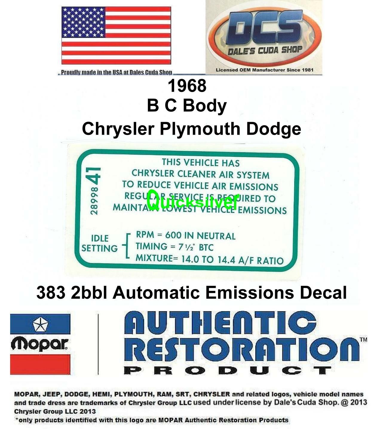 1968 Dodge Plymouth Chrysler 383 2bbl Auto Trans Emissions Decal ...