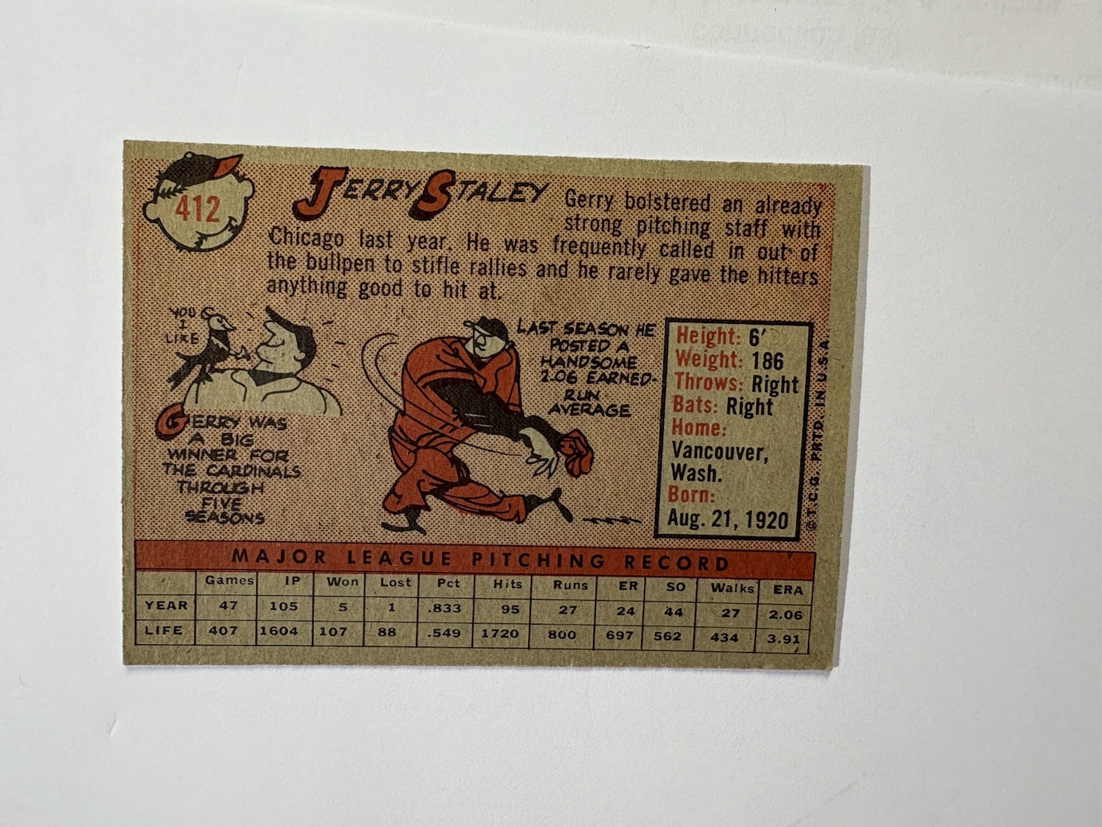 1958 TOPPS BASEBALL CARD JERRY STALEY Chicago White Sox #412 | eBay