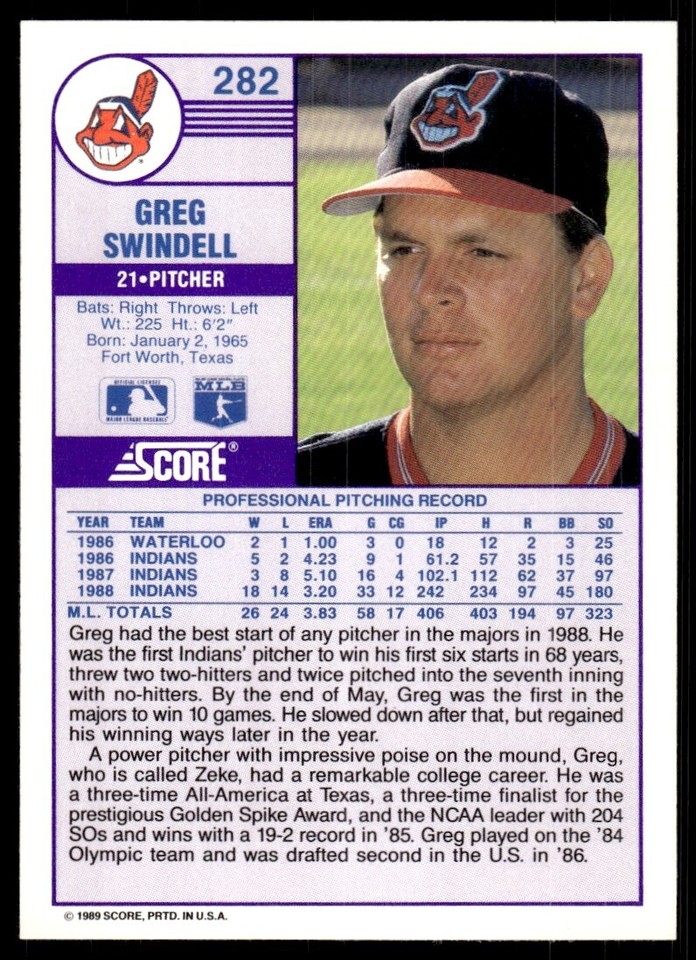 1989 Score Baseball Card Greg Swindell Cleveland Indians #282 | eBay