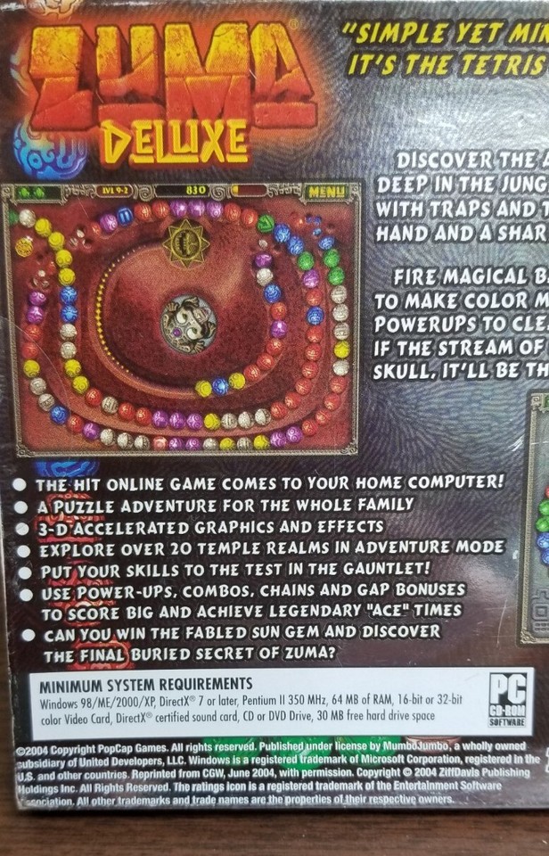 Zuma Deluxe - 2004 PopCap Games (PC CD-Rom) Complete w/ Slipcover Mumbo ...