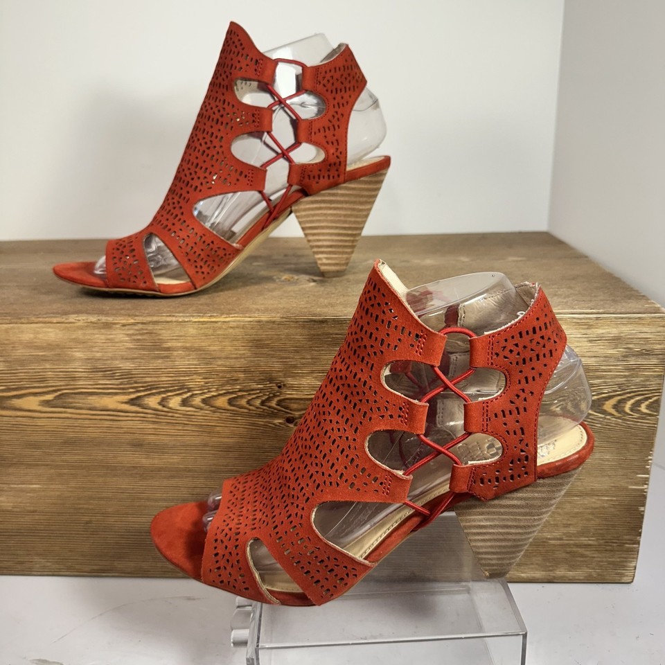 Vince Camuto Laser Cut Sandal SZ 8M Red Bootie Cone Heels Strappy Open ...