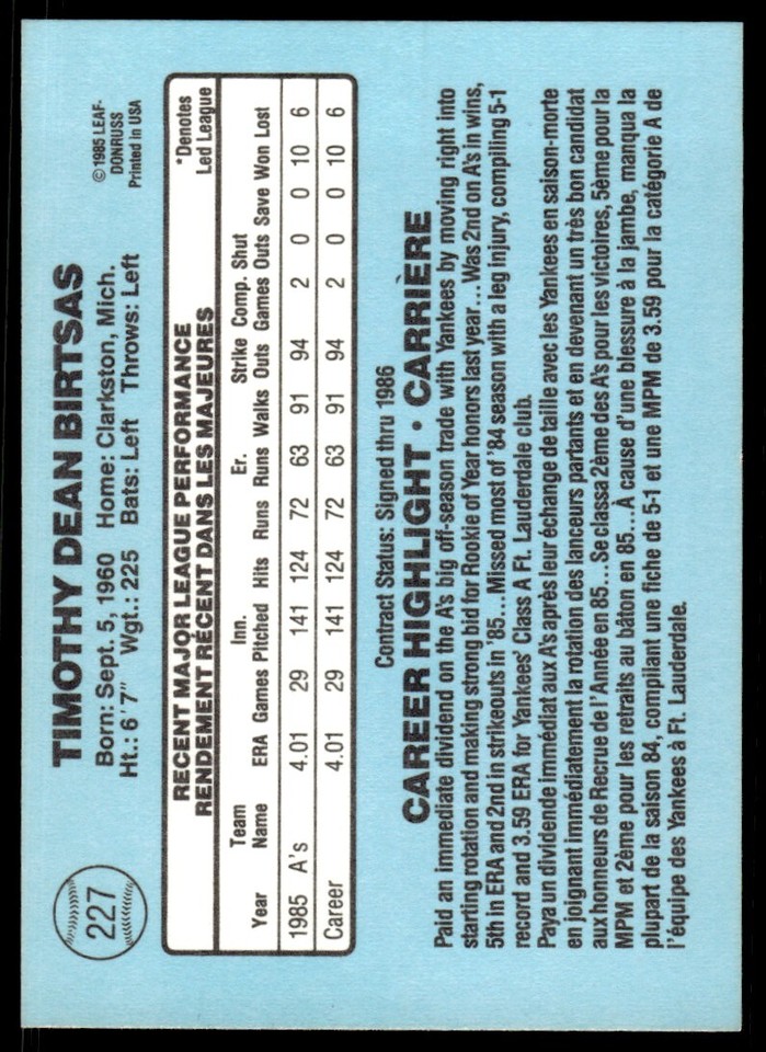1986 Leaf Baseball Card Tim Birtsas Rookie Oakland Athletics #227 | eBay