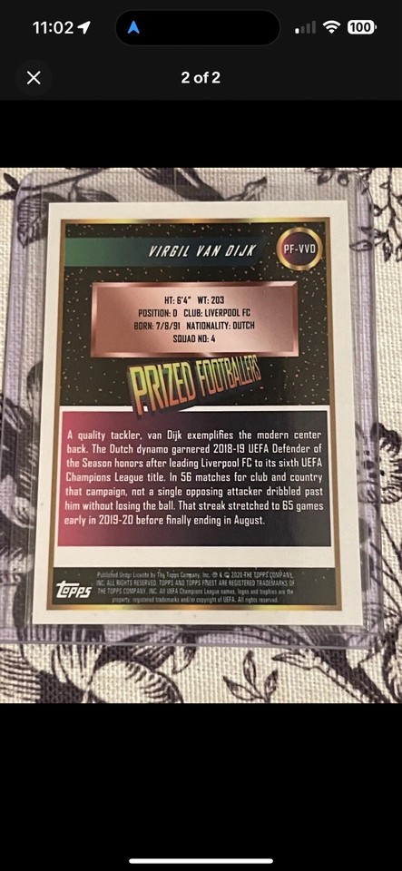 2019-2020 Topps Finest Virgil Van Dijk VVD Prized Footballers Gold /50 ...