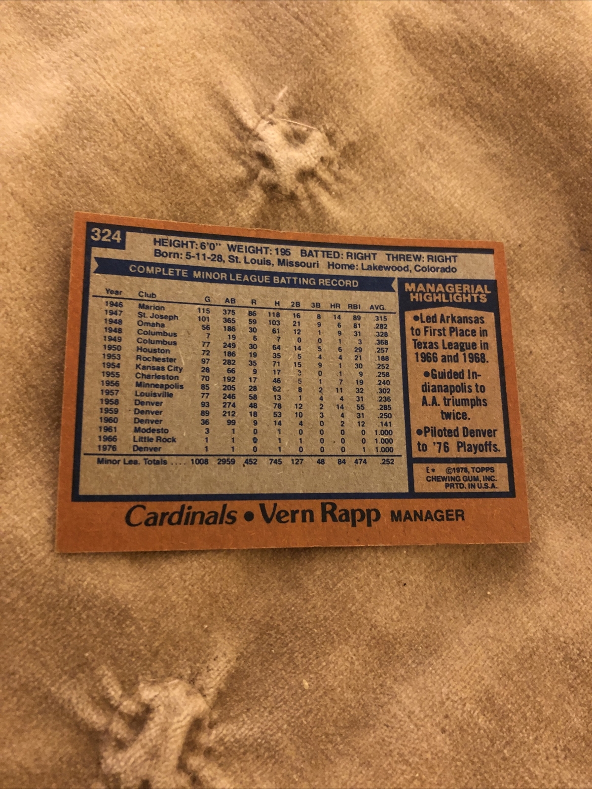 1978 Topps #324 Vern Rapp MG RC Rookie St. Louis Cardinals | eBay