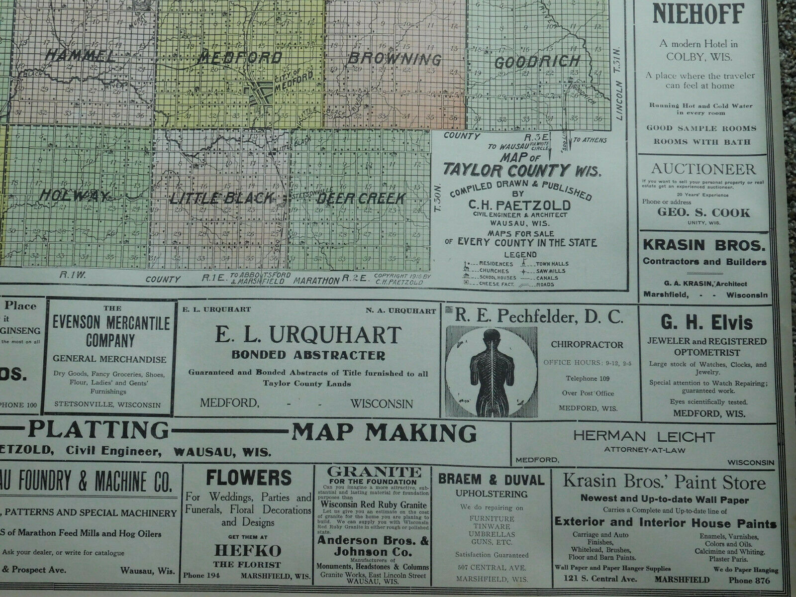 ANTIQUE PLAT MAP TAYLOR COUNTY WISCONSIN 32" X 32" 1916 ORIGINAL OLD ...