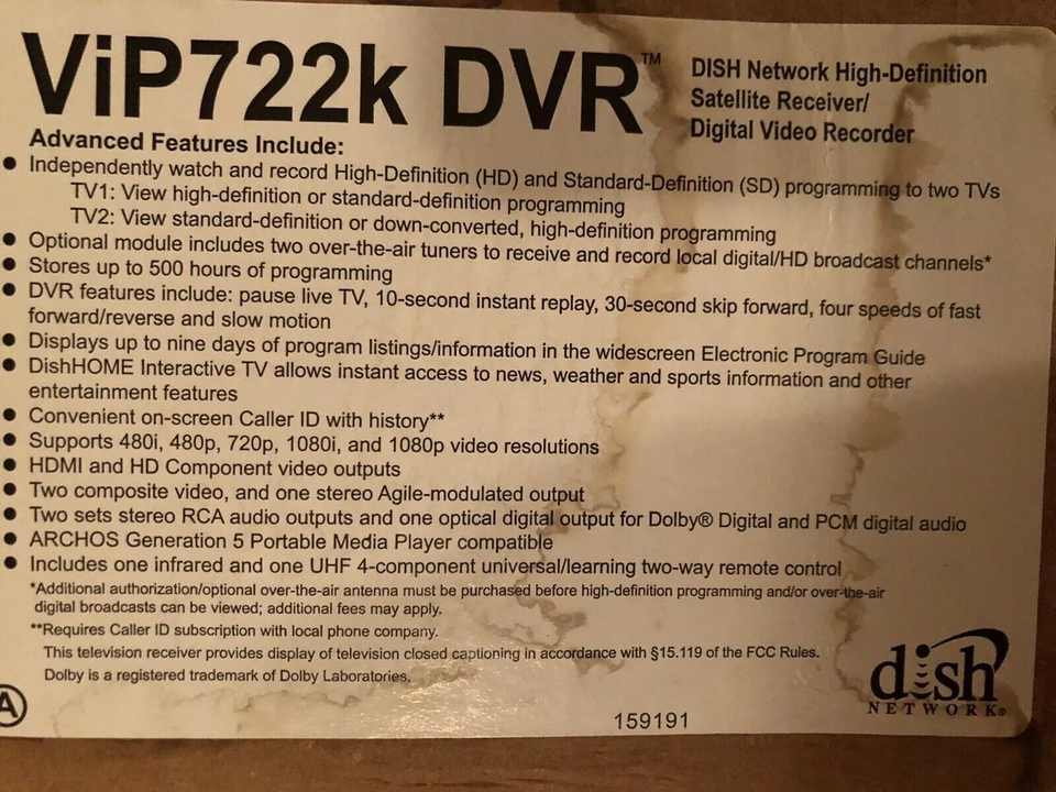 Dish Network Vip722k DVR Receiver w/Dish (2) Remote 21.1 IR+Cables ...