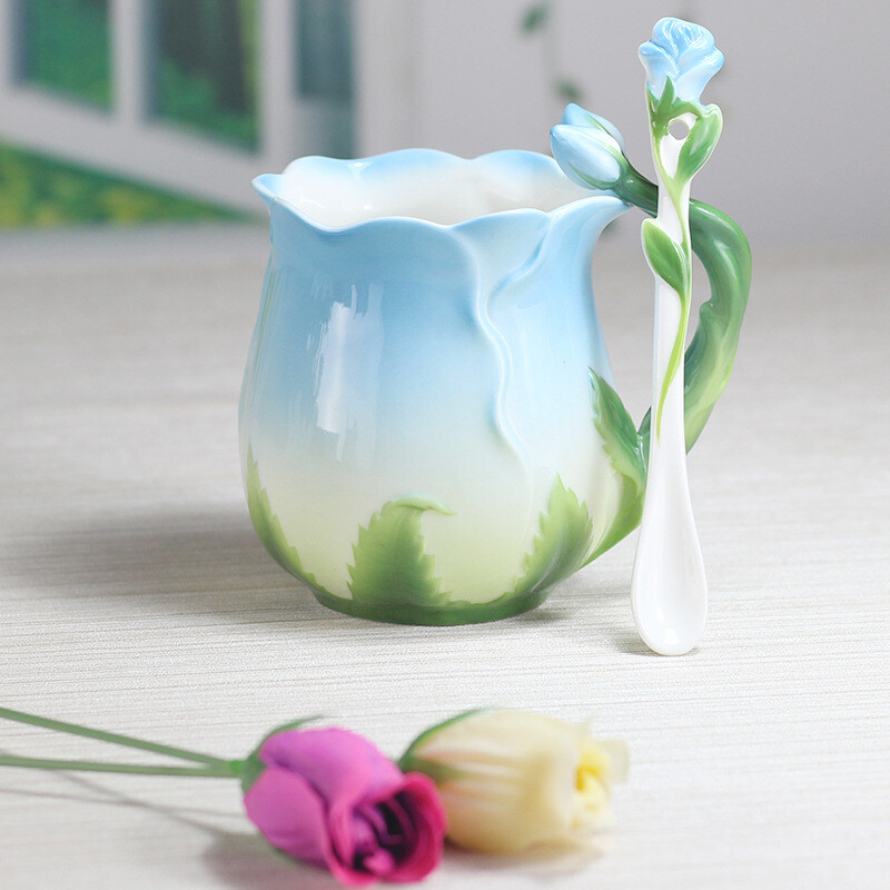 320ml Spoon Milk Mug Decorate Creativity Rose Flower Porcelain Coffee ...