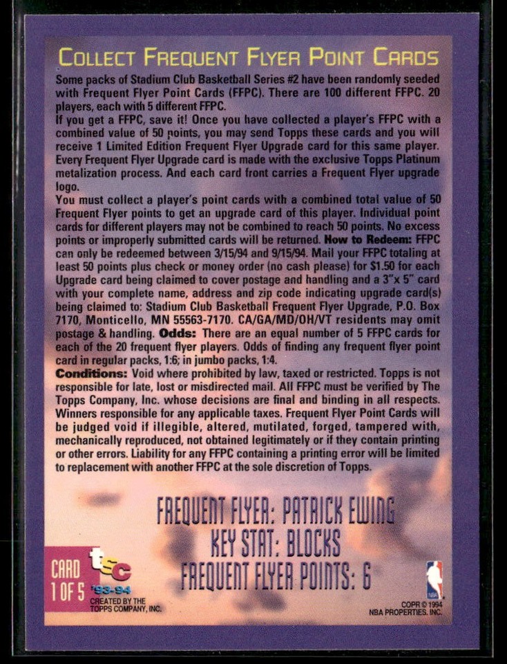 1993-94 Stadium Club #2 Patrick Ewing Frequent Flyer Points Card 3202D ...