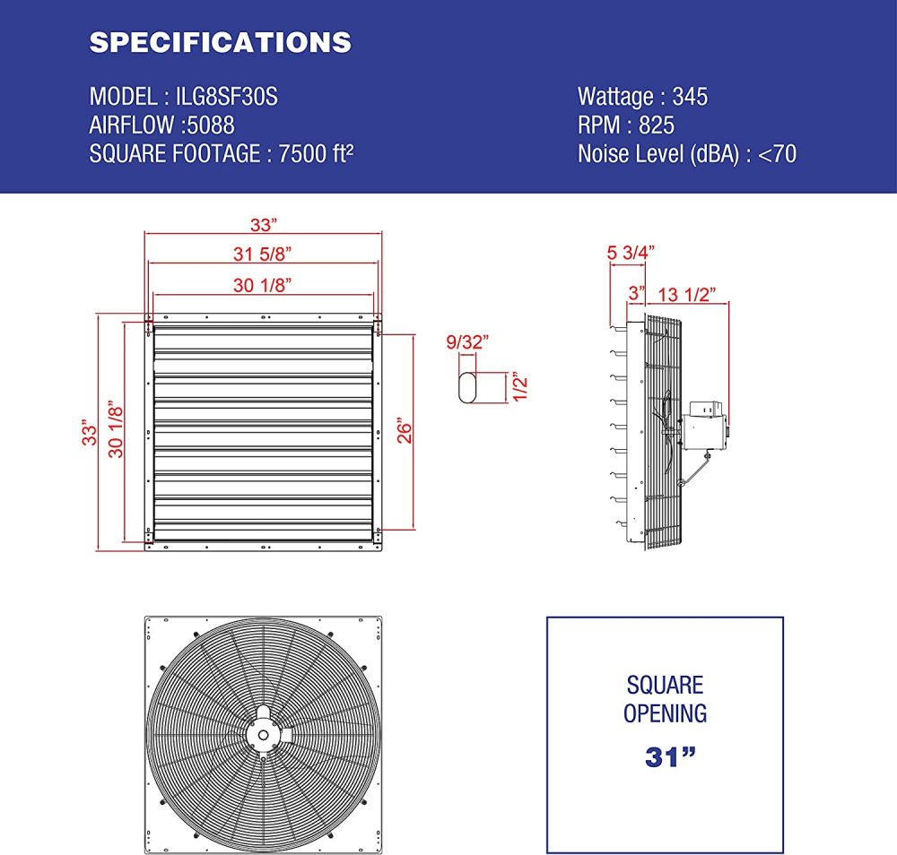Iliving 30 Inch Single Speed Shutter Exhaust Fan, Wall-Mounted, 30 ...