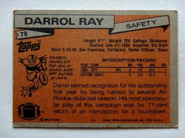 Darrol Ray #78 Topps 1981 Football Card (New York Jets) | eBay