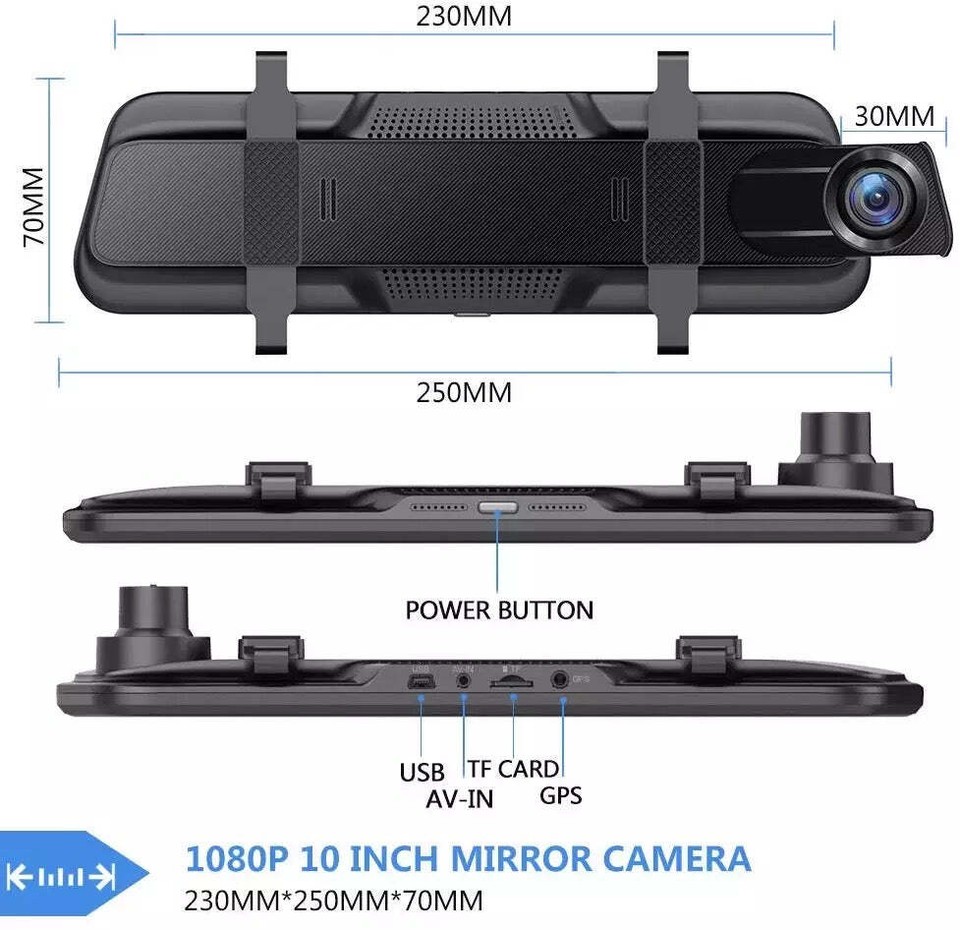 10'' Car Dash Camera Front Rear View Mirror Reverse Camera DVR HD Dual ...