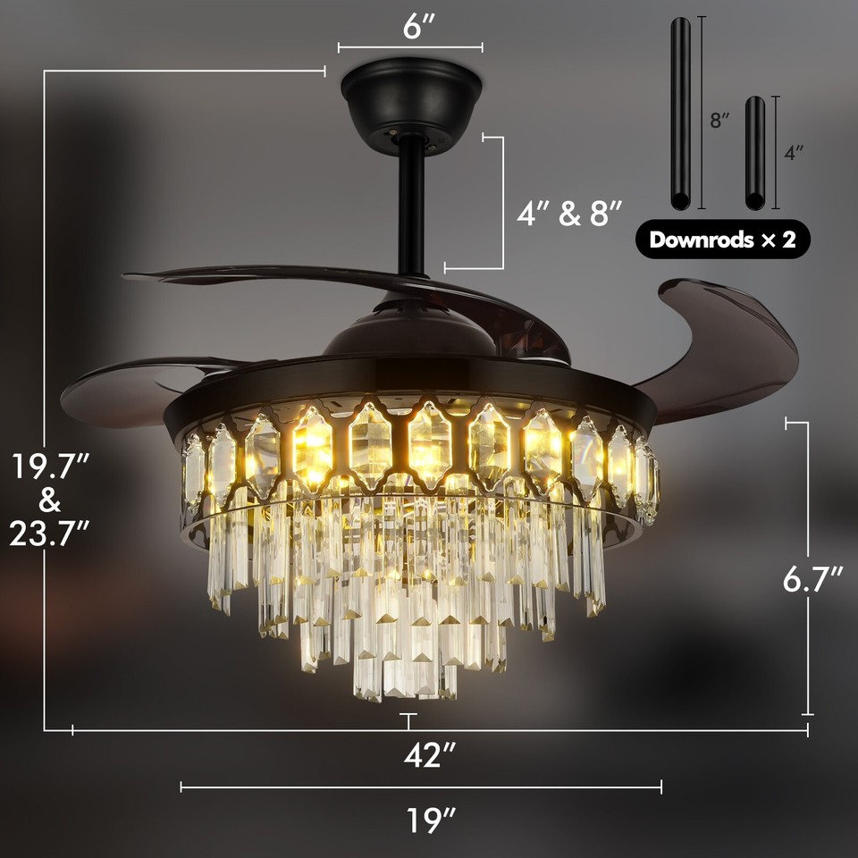42 inch Crystal Ceiling Fan Light with Remote 3color Dimming Chandelier ...