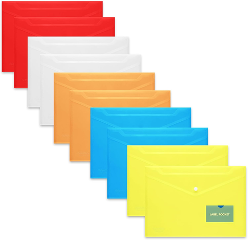 10 Plastic Envelopes with Snap Closure & Label Pocket - Assorted Colors ...