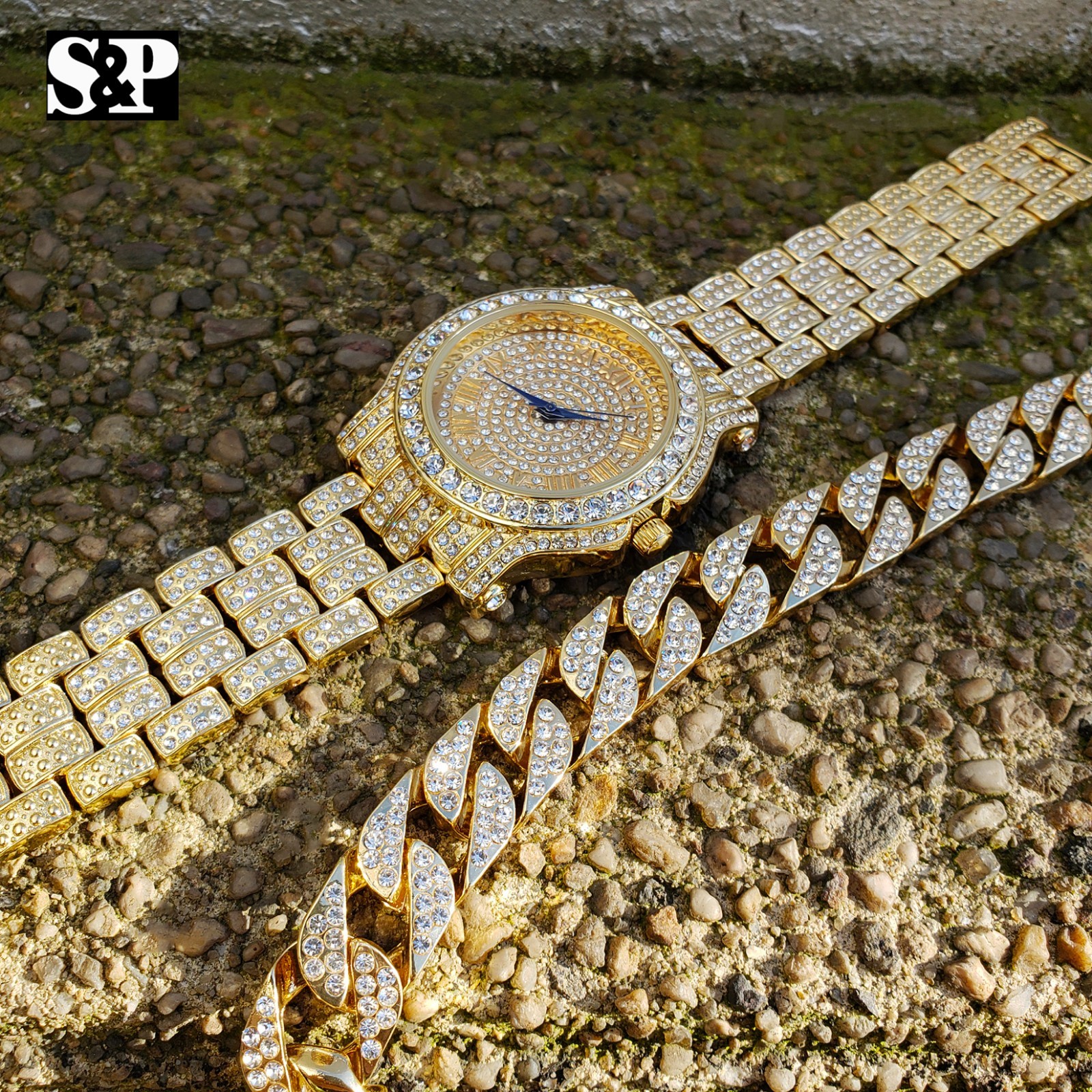 MEN'S HIP HOP QUAVO GOLD PT LUXURY WATCH & FULL ICED CUBAN BRACELET ...