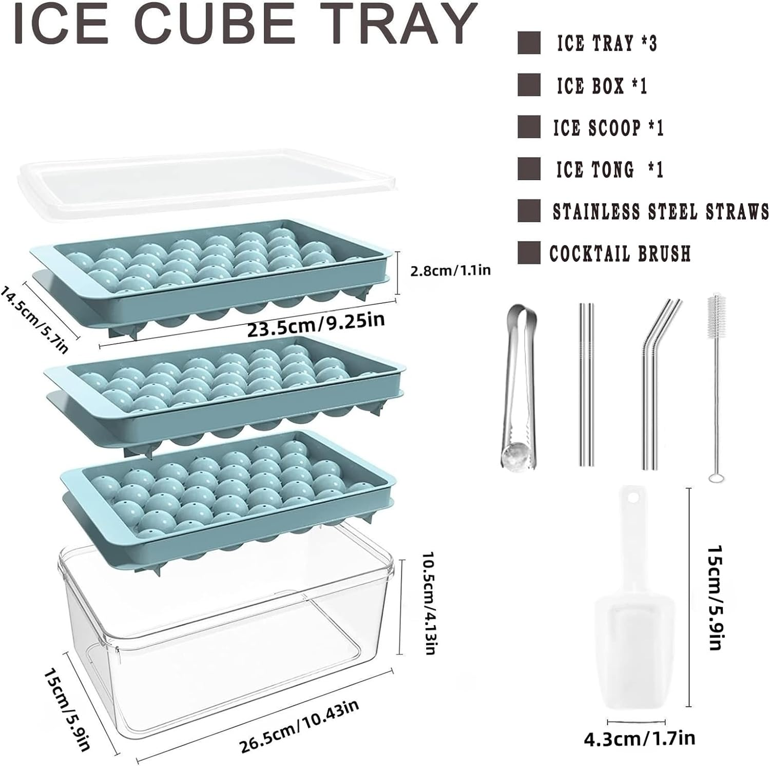 11 Pack round Ice Cube Tray with Lid & Bin Ice Ball Maker Mold for ...