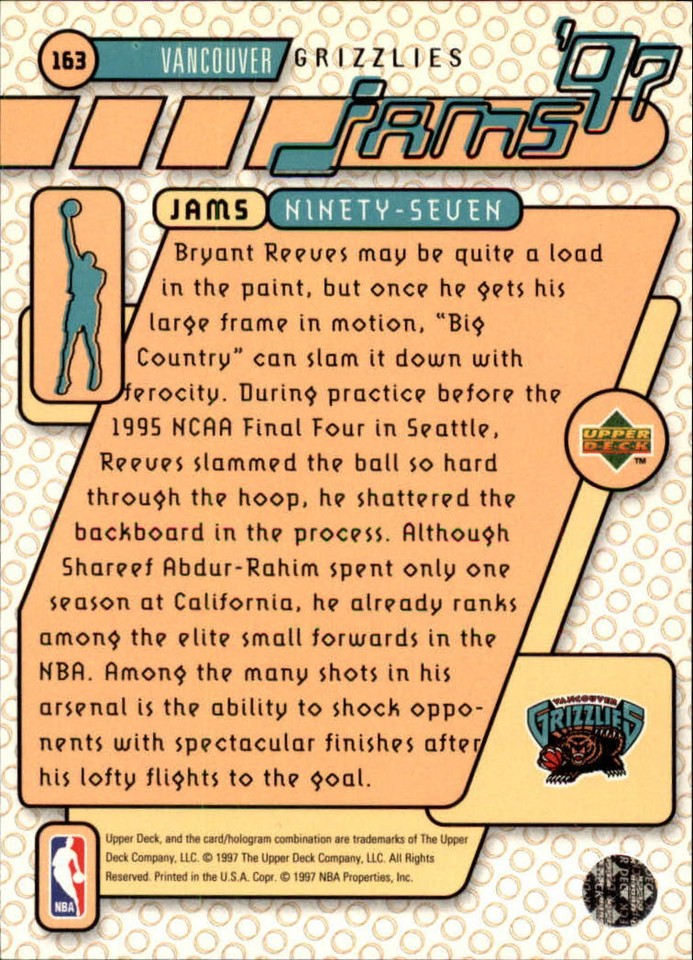 1997-98 Upper Deck Vancouver Grizzlies Basketball Card #163 Bryant ...