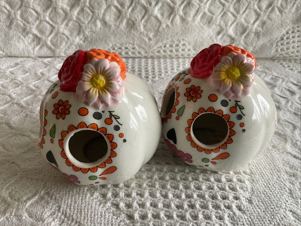 2- Ceramic Halloween Skull Day Of The Dead Sugar Skulls | eBay
