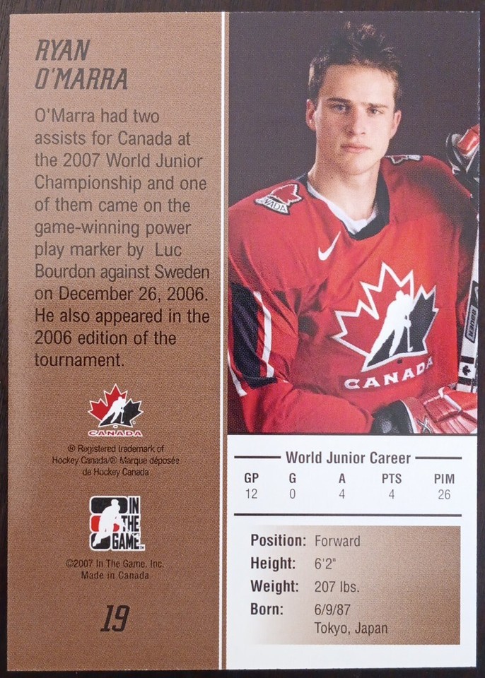 2007 - 2008 ITG Ryan O'Marra Going For Gold Team Canada #19 Hockey Card ...
