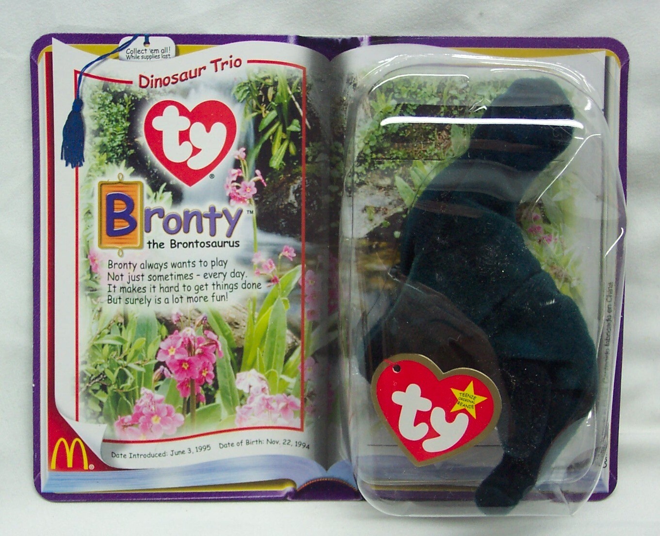 McDonald's TY Dinosaur Trio BRONTY BRONTOSAURUS 5" Teenie Beanie Toy ...