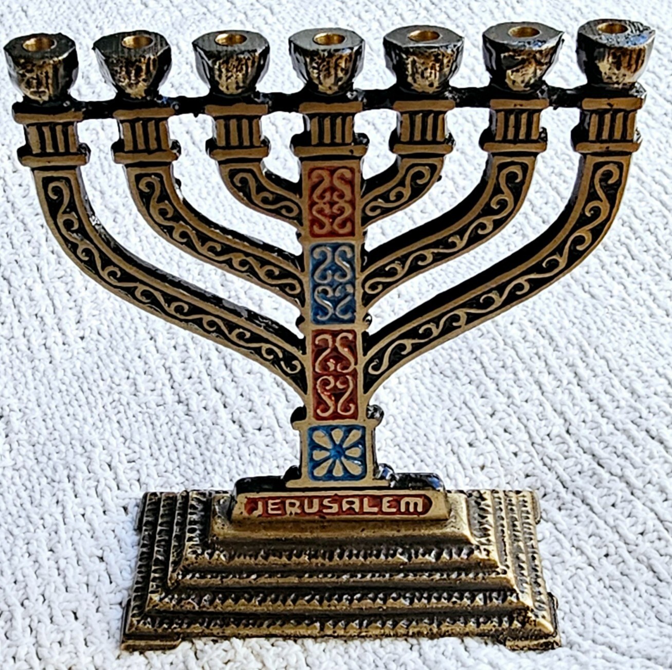 Hen Holon Israel 4" Decorative Brass Menorah Jerusalem Red and Blue | eBay