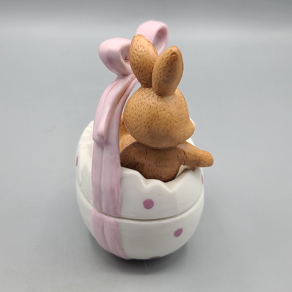 Lefton Easter Figurine Bunny and Egg Bisque Trinket Box Taiwan Pink Bow Spring | eBay