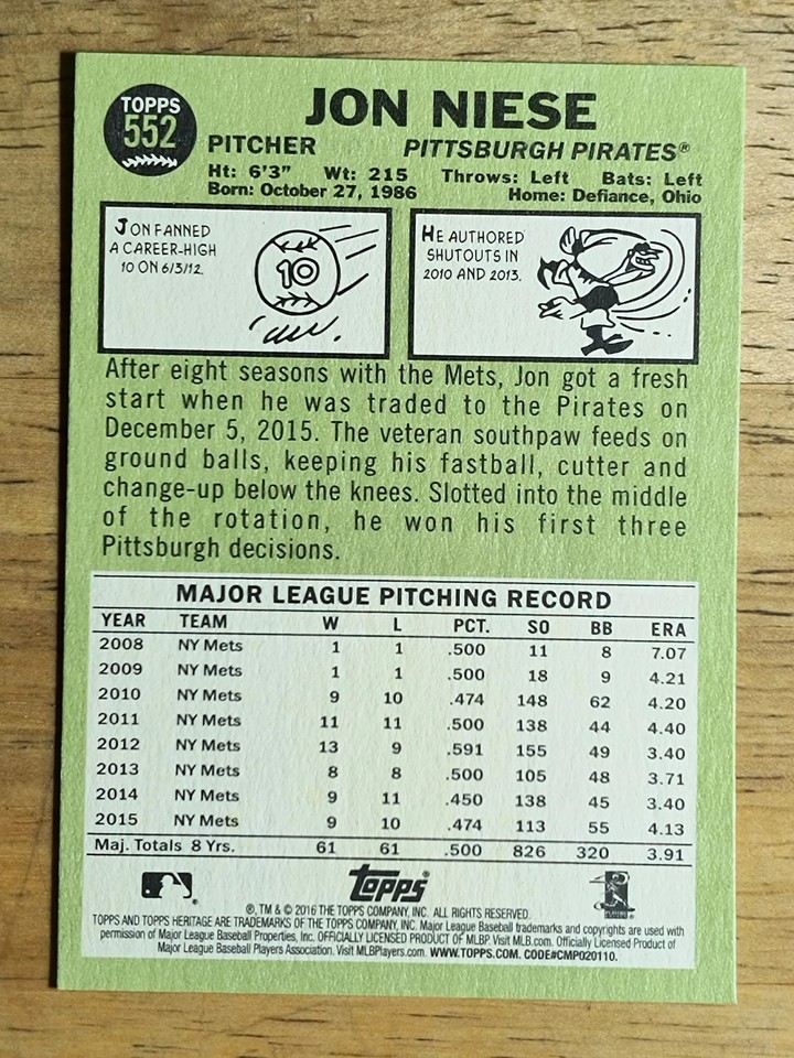 2016 Topps Heritage #552 Jon Niese | eBay