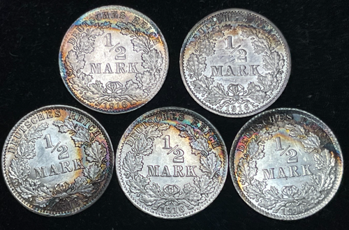 1916 A German 1/2 Mark Silver Coin 5 Excellent BU Coins Lot High Value ...