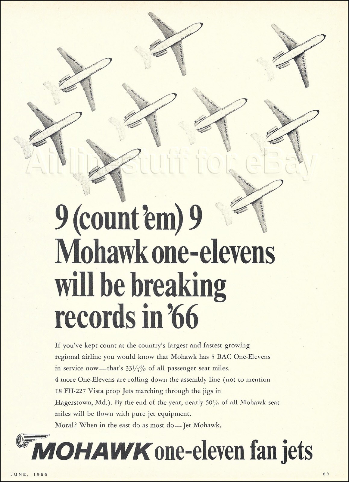 1966 MOHAWK Airlines BAC ONE-ELEVEN 1-11 FanJet ad advert British ...
