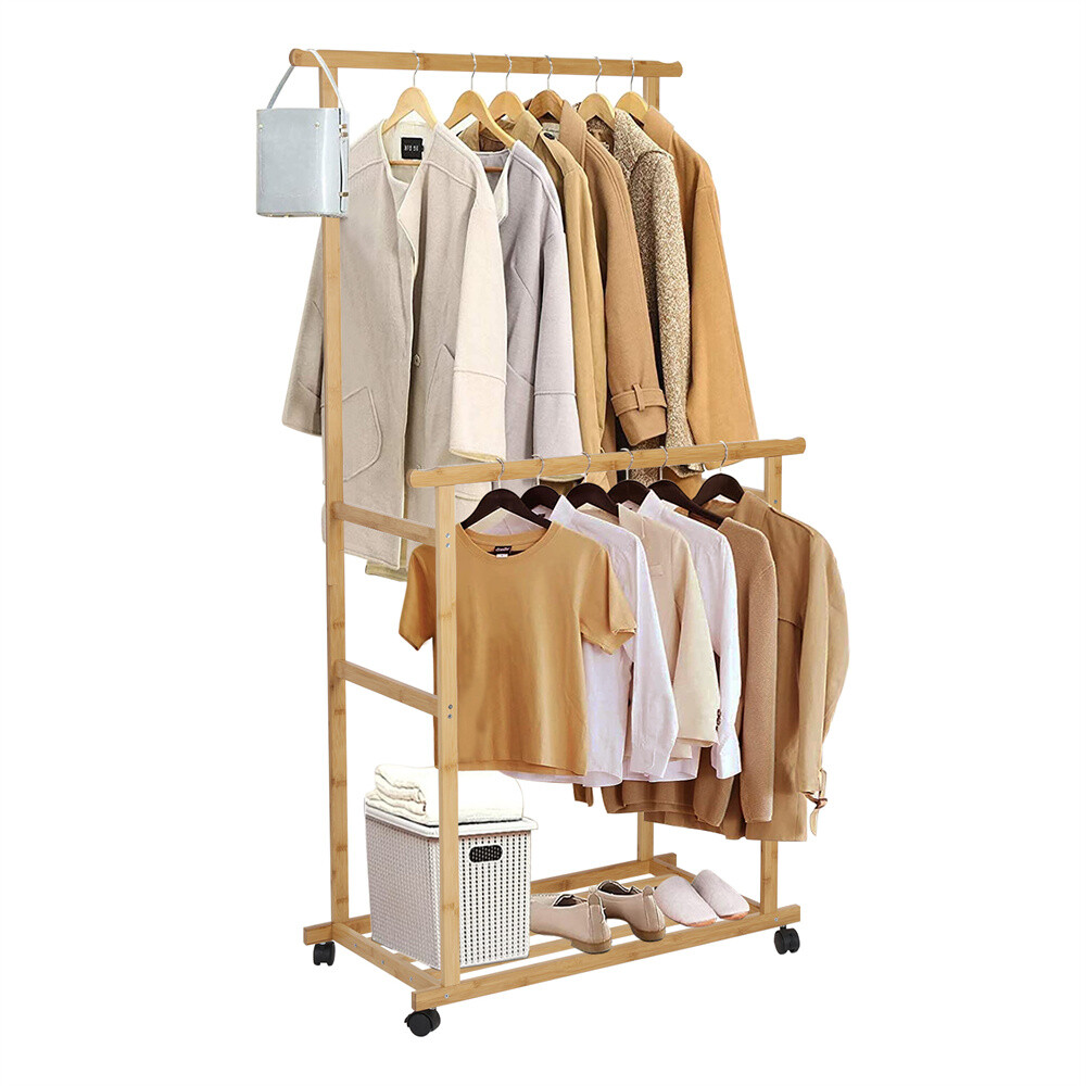 Heavy Duty Double Clothes Rail Wooden Garment Stand Hanging Rack w ...