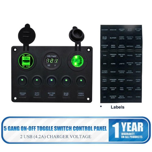 12V 5 Gang Switch Control Panel USB ON-OFF Toggle Rocker for Car Marine ...