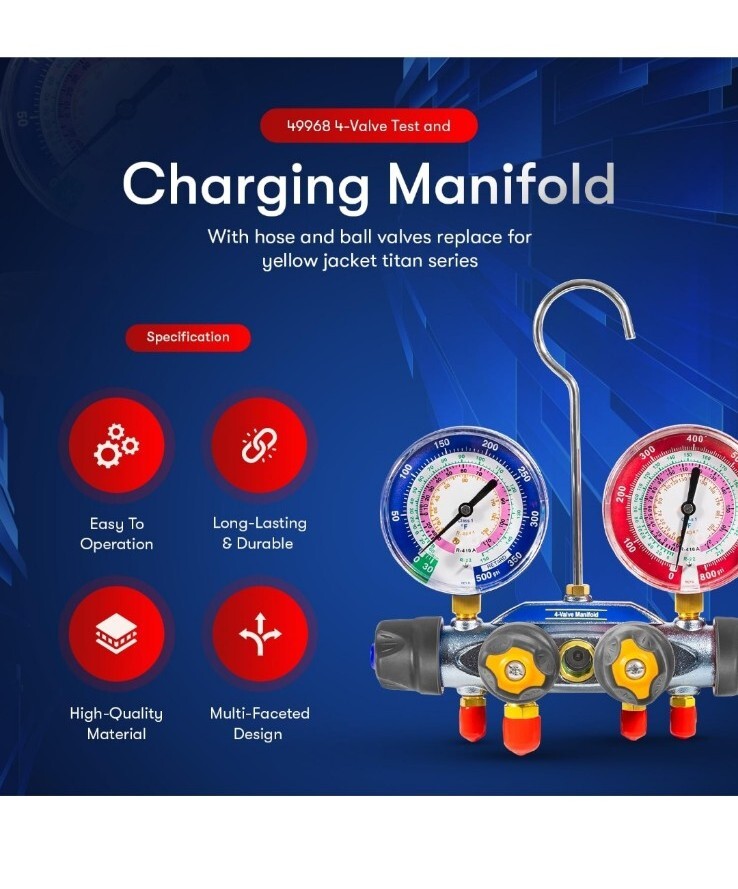 49968 Charging Manifold and 4 Valve Test, A/C Manifold Gauge Tool Set ...