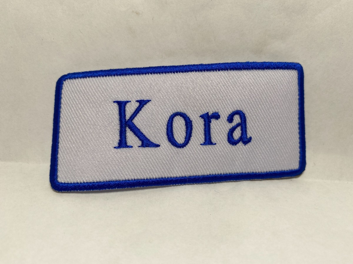 Kora KORA NEW EMBROIDERED IRON ON NAME PATCH BLUE ON WHITE1 1/2 X3 1/2