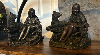 Native American Girl with Wolf Sculpture Figurines Ornament Juliana x2 ...