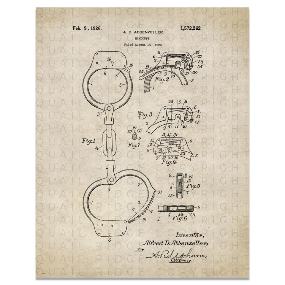 Law Enforcement Handcuffs Patent Art Print Police Badge Sheriff Wall ...