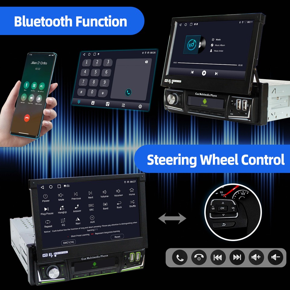 7" Single 1 DIN Car Stereo Apple CarPlay & Android Auto Flip Out Touch ...