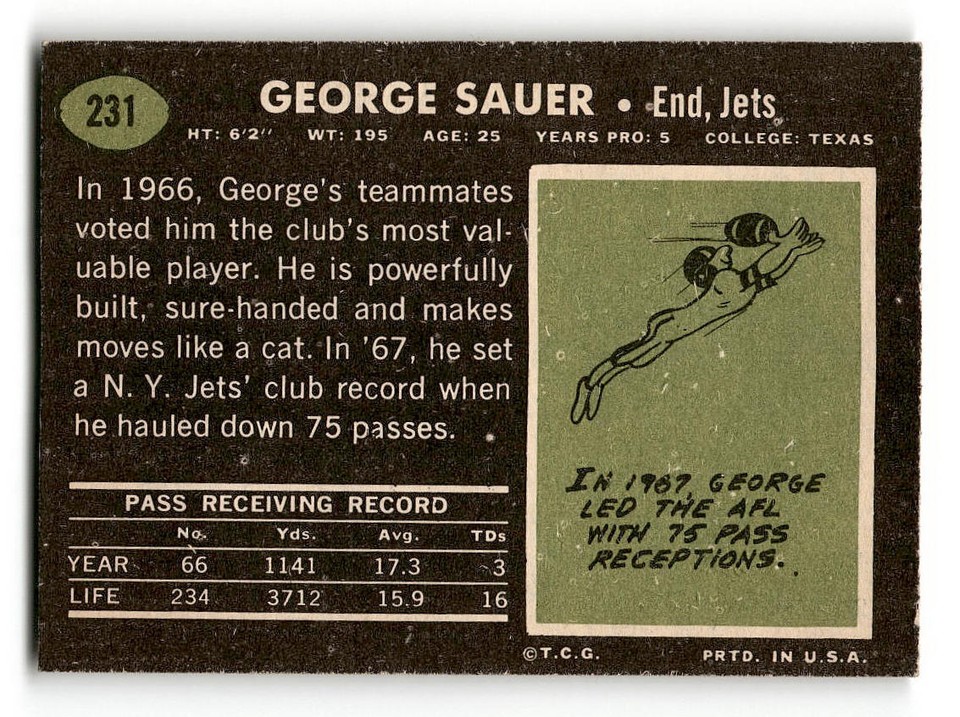 1969 Topps #231 George Sauer Jr. New York Jets VG | eBay