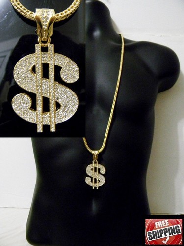 Gold Crystal Rap Hip Hop Pave Dollar Sign Money Rich Pendant Necklace ...