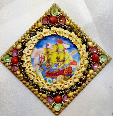 HANDMADE SHELL ART DIAMOND SHAPED DIORAMA SEASHELL SAILORS VALENTINE | eBay