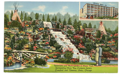 Postcard IL Olson Rug Company Chicago Illinois, c1939 Waterfalls Plants ...