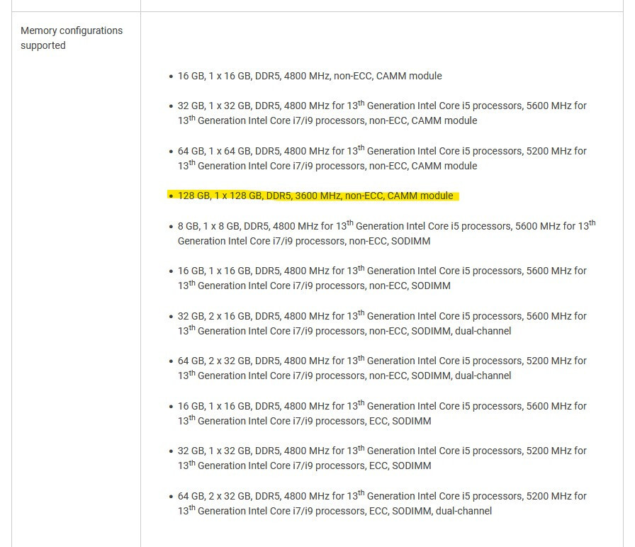 DELL 128GB 8x16GB DDR5 CAMM KR1TT6-HYM - Precision 7670/7770/7680/7780 ...