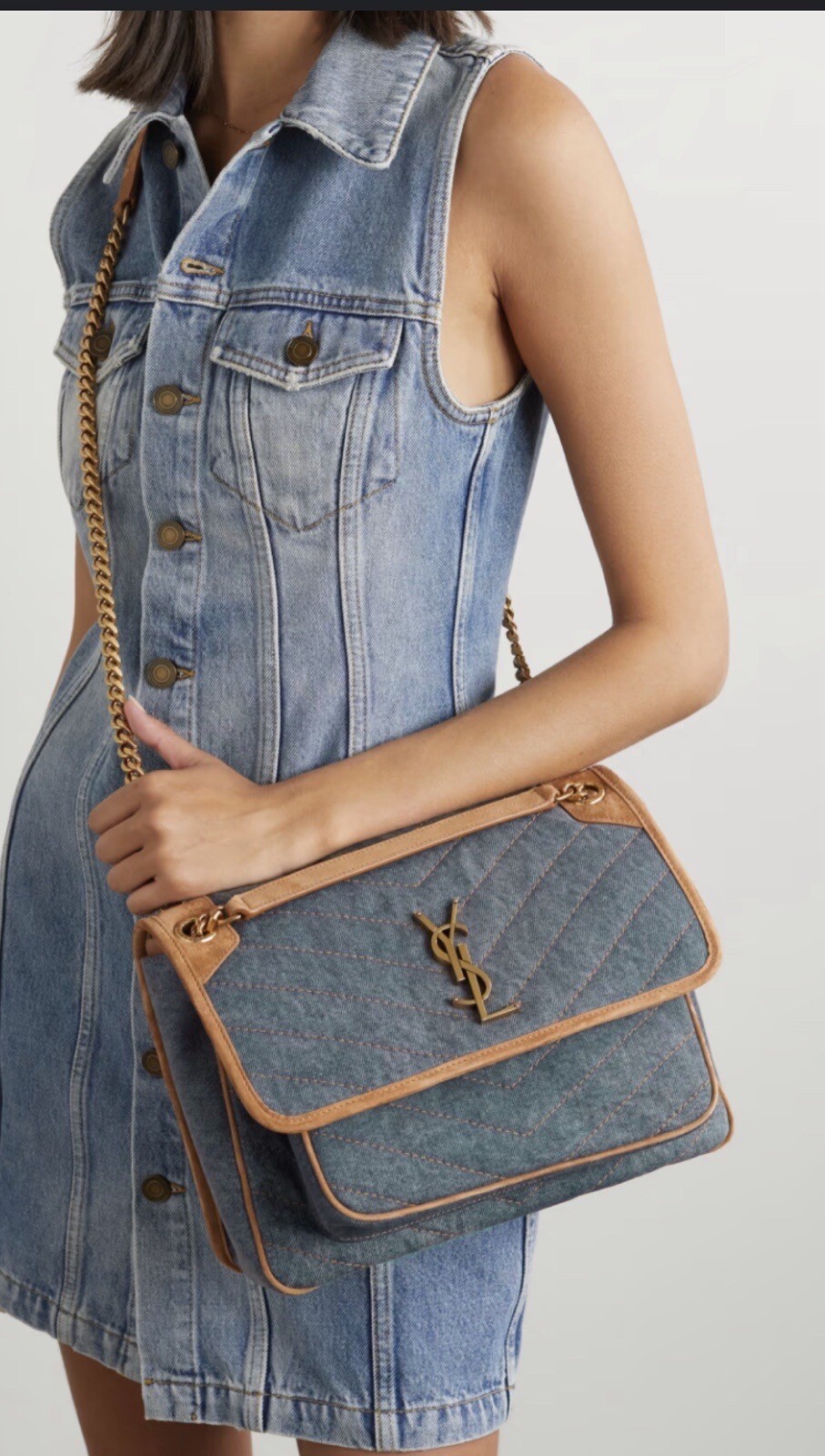 YSL NIKI MEDIUM CHAIN BAG IN BLUE DENIM WITH SUEDE CORNERS. ITEM ...
