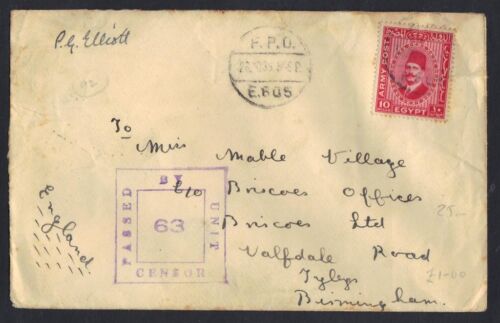 EGYPT UK 1939 ARMY STAMP 10MIL CENSORED TIED FIELD POST OFFICE 60J TO ...