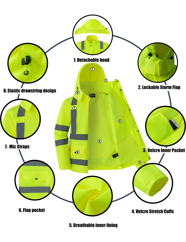 Men Waterproof Safety Rain Jacket Visibility Reflective Safety Raincoat ...